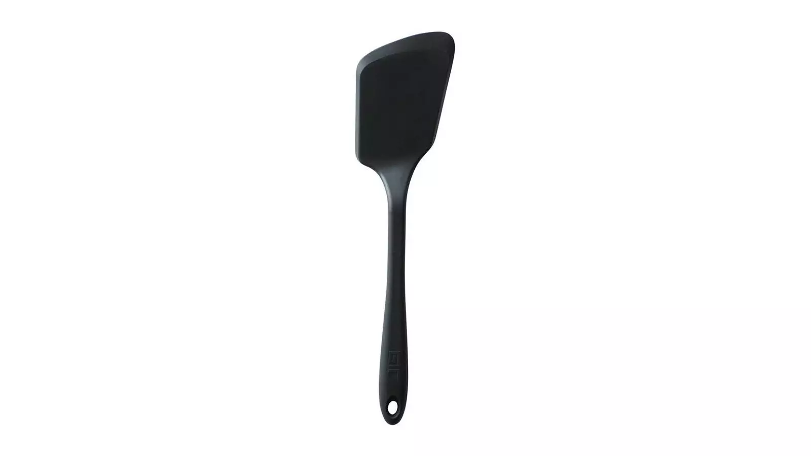 ချိတ်ဆွဲရန်အတွက် လက်ကိုင်တွင် ချွန်ထက်သောထောင့်နှင့် အပေါက်ပါသော အနက်ရောင် spatula ။