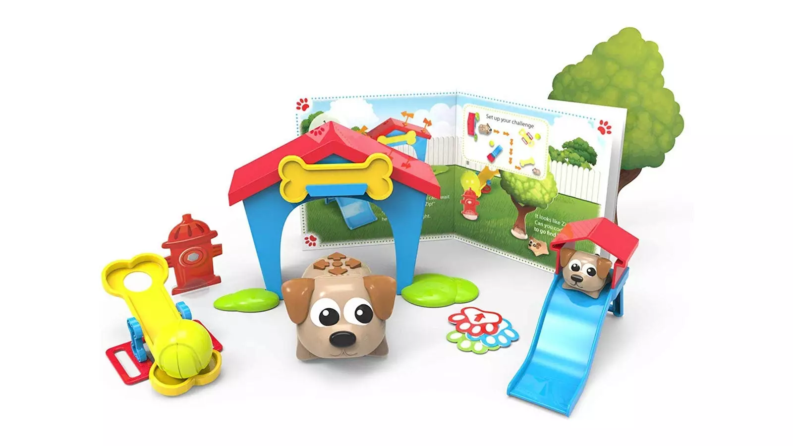 Hračka na kódovanie zvieratiek, ktorá obsahuje dve šteniatka, šmykľavku, búdu pre psa a knihu.