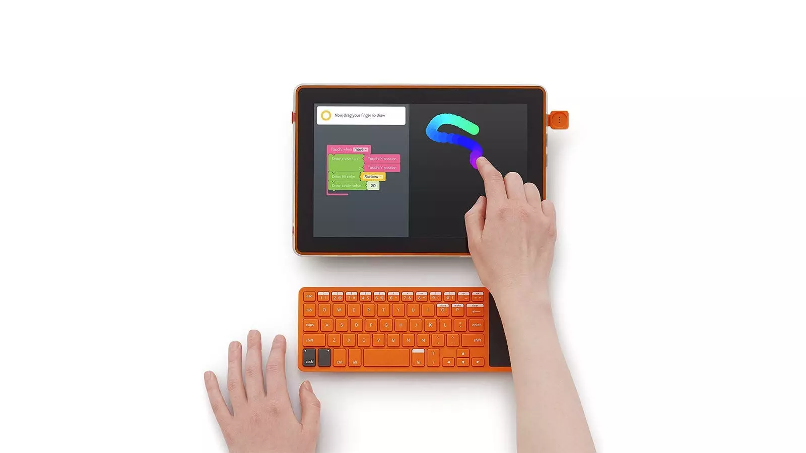Ein Paar Hände, die einen Kano Touch-PC berühren, um zu zeichnen und zu programmieren.