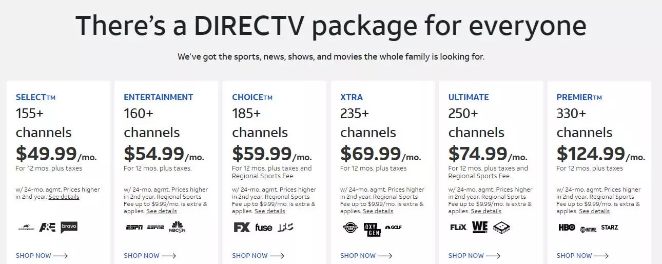DirecTV fiyatlandırma katmanları