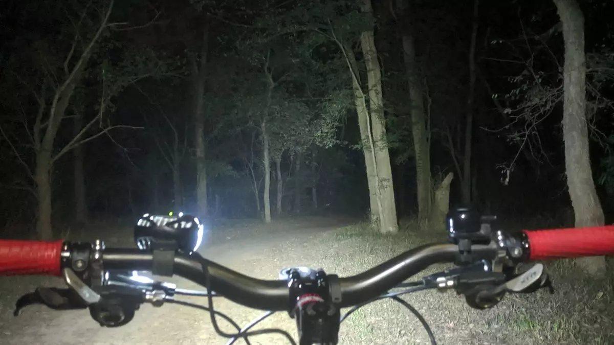 Řídítka kola s připojeným světlem, osvětlující tmavé lesy v noci.