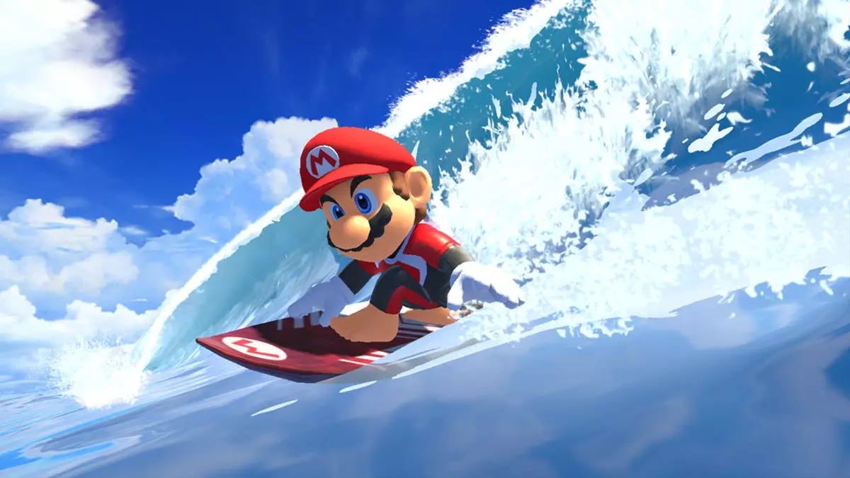 Mario surfeando en una tabla de surf roja con el logo de una M.