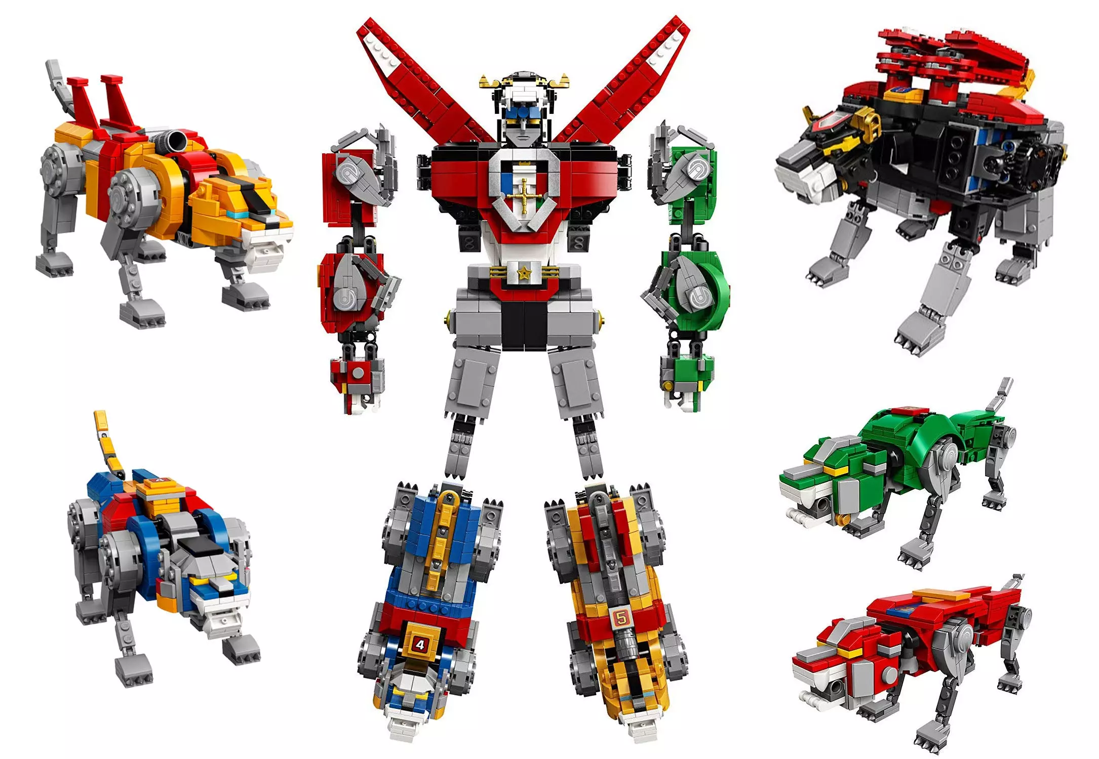 LEGO Voltron rinkinys, kombinuotas ir atskiras.