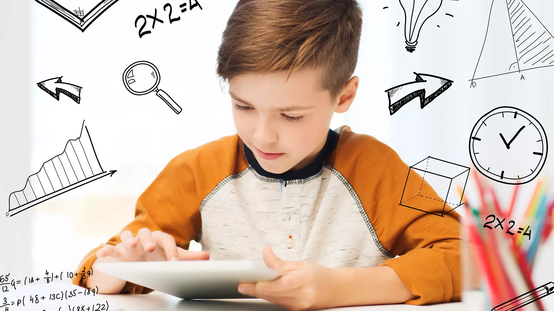 一個孩子在他們的 iPad 上解決數學問題。