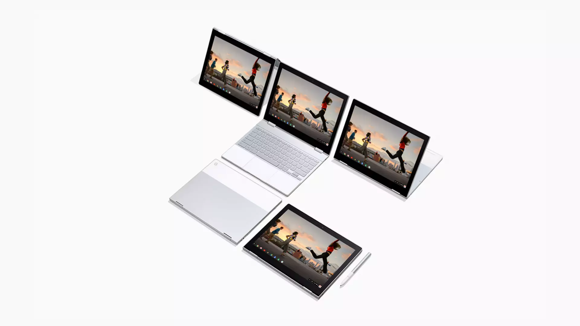 Fünf Google Pixelbooks in verschiedenen Positionen.