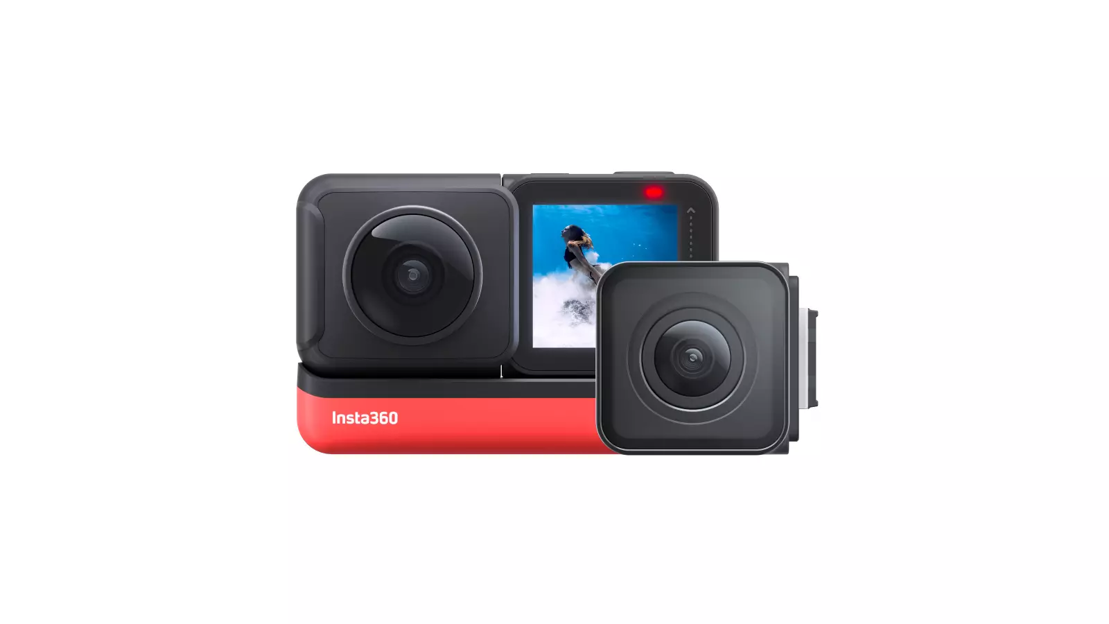Камера Insta360 One R с прикрепленным объективом 4K и объективом 360 рядом с ней.