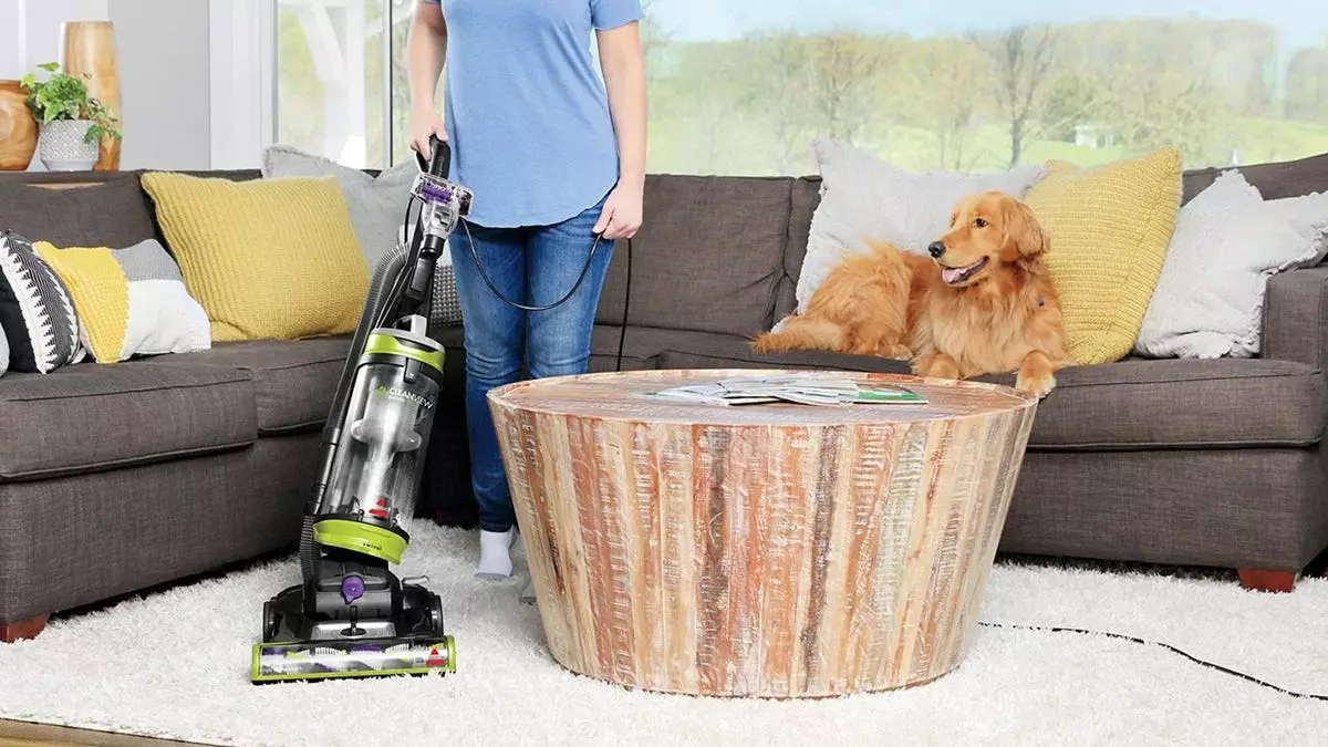 Man maakt tapijt schoon met Bissell ProHeat 2X Revolution Pet Pro terwijl een hond achter hem op de bank zit