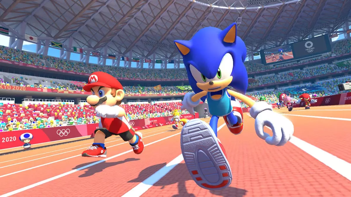 Mario a Sonic bežia na pretekoch.