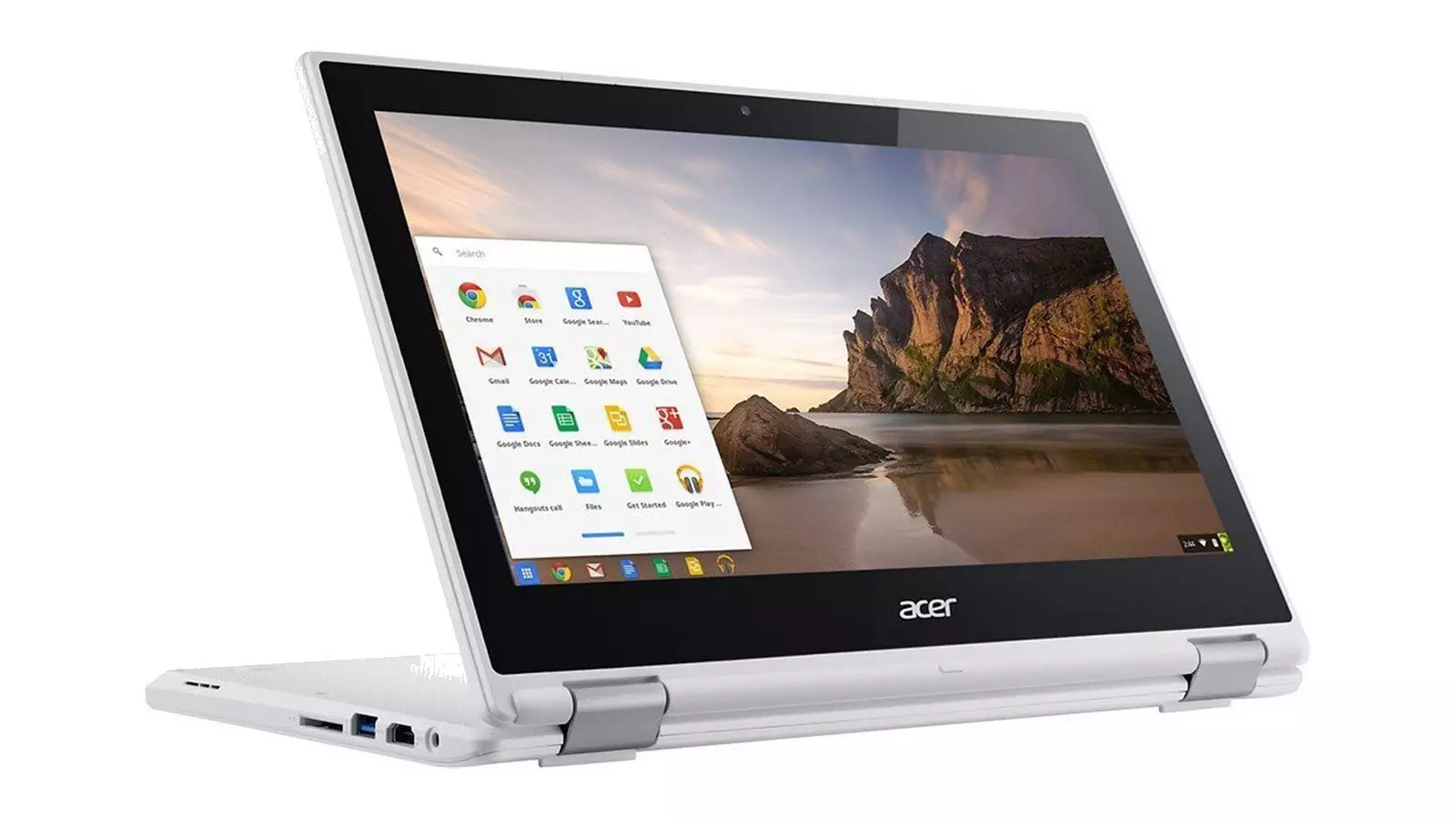 Yon Chromebook Acer R11 ak klavye a ki plwaye dèyè.