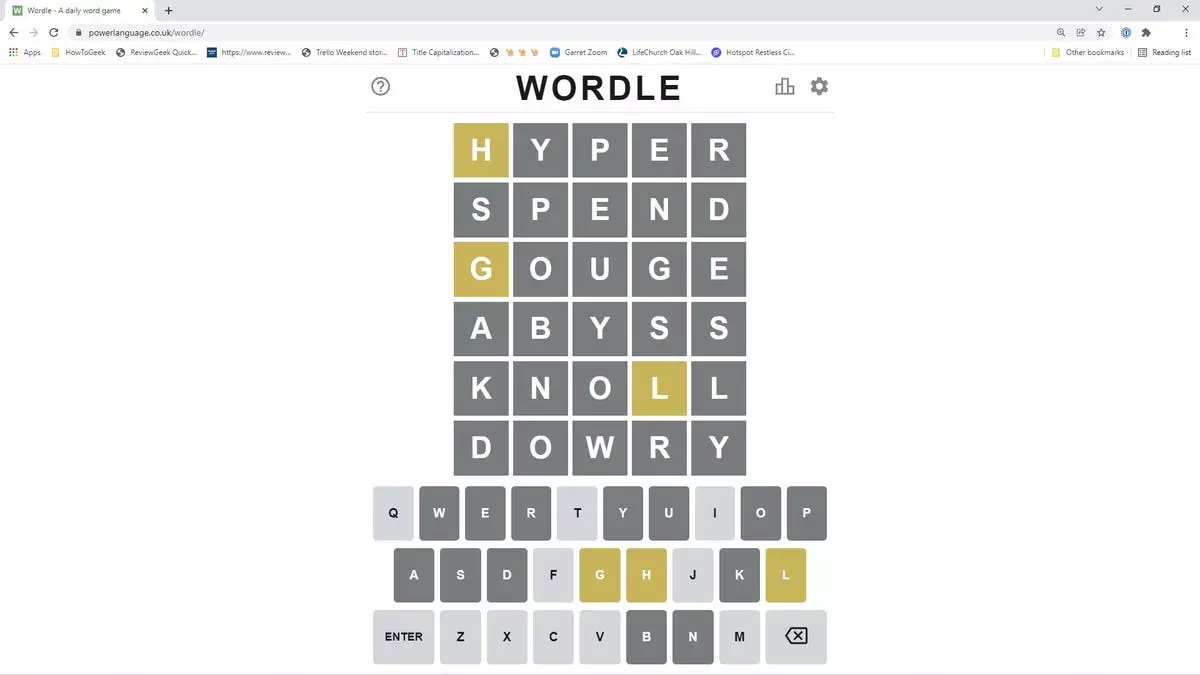 Een 'Wordle'-puzzel met veel gemiste gissingen