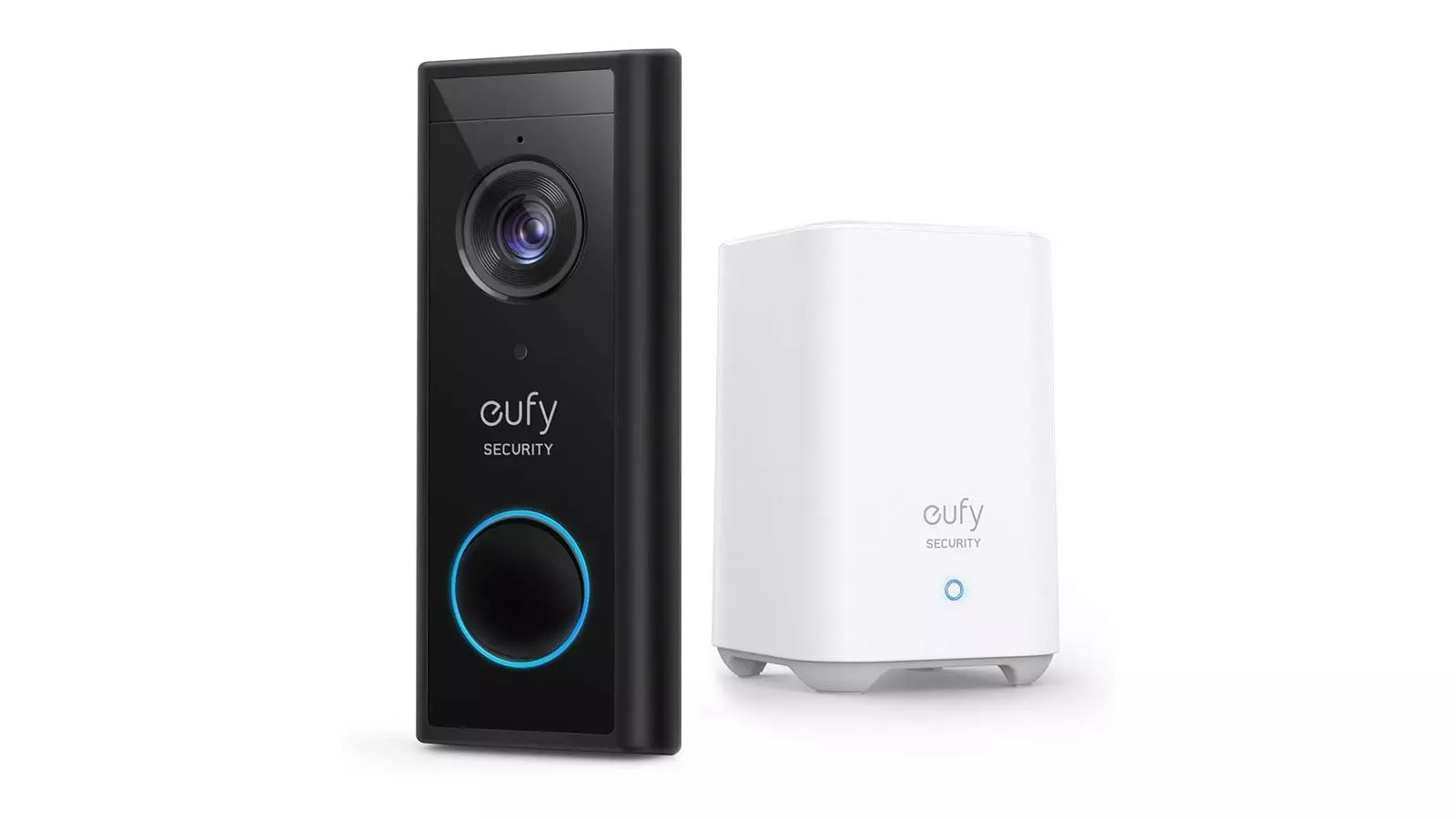 Το Eufy Doorbell δίπλα σε ένα λευκό HomeBase