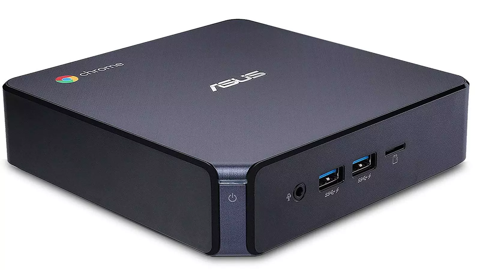 Chromebook ад Asus, паказваючы парты спераду, уключаючы 2 USB-порты.