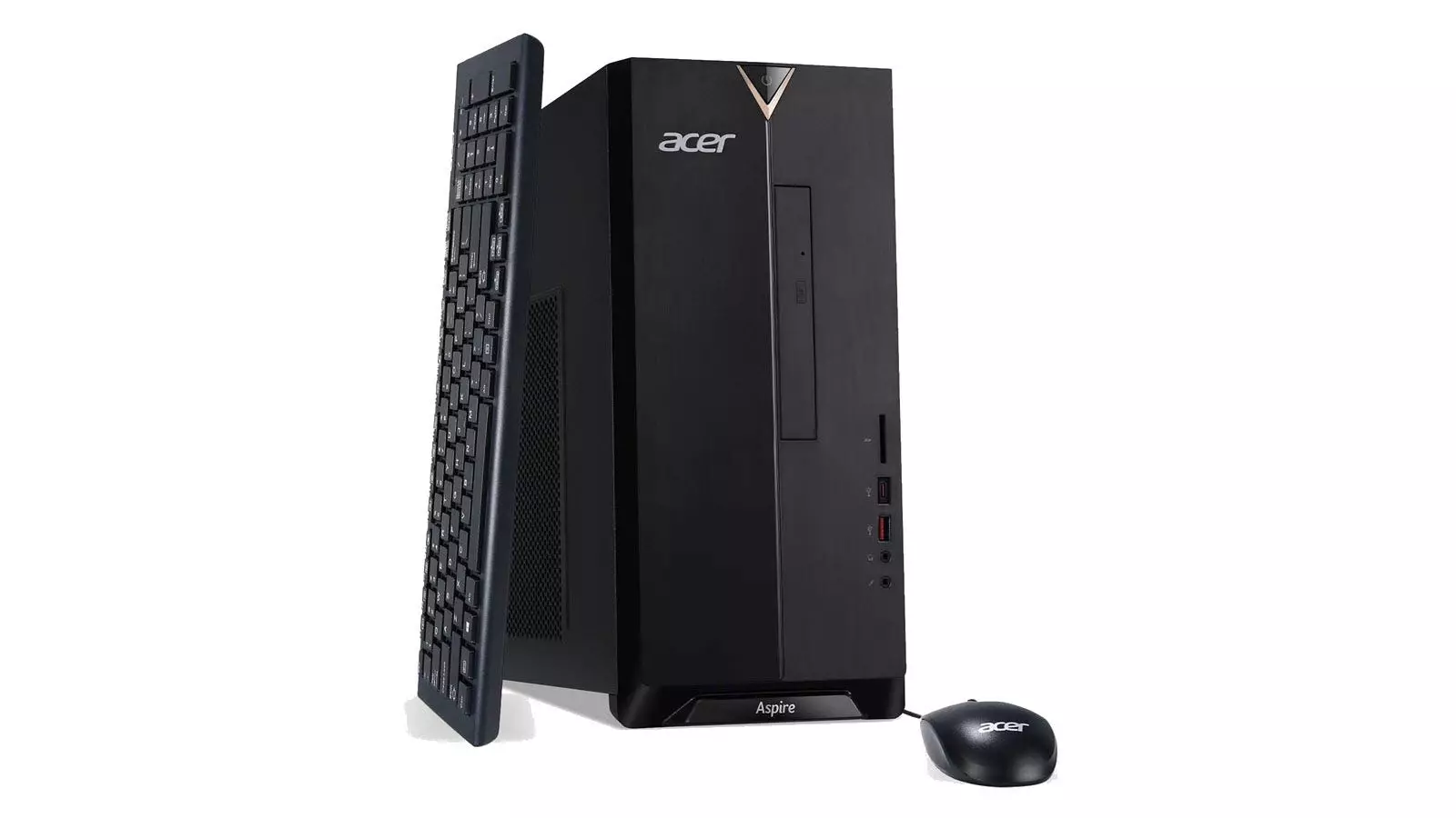 कीबोर्डसह एक Acer Apire डेस्कटॉप त्याच्या विरुद्ध उभा आहे.