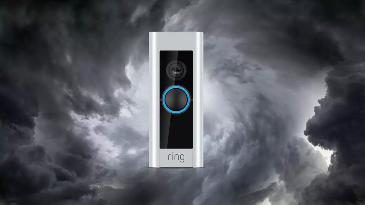 Isang Ring Video Doorbell na may swirl ng mga ulap sa background.