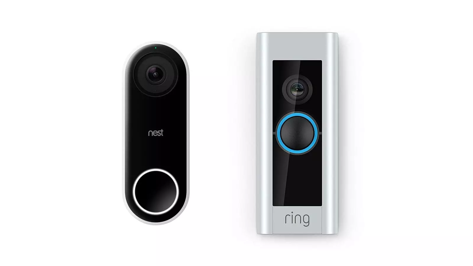 Isang Nest Hello sa tabi ng isang Ring Video na doorbell.