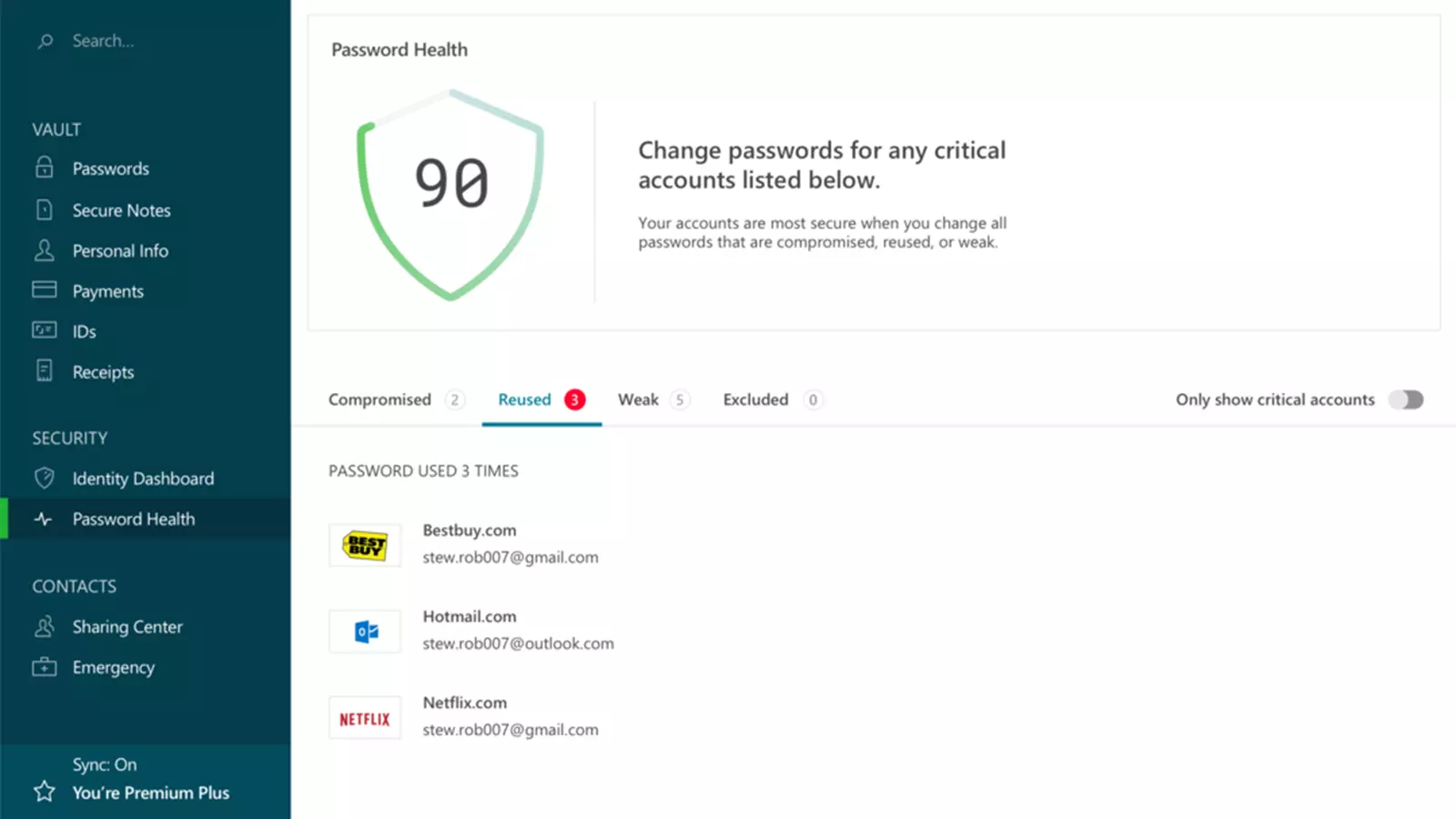 डॅशलेन पासवर्ड व्यवस्थापक पासवर्ड आरोग्य वैशिष्ट्य दर्शवित आहे.