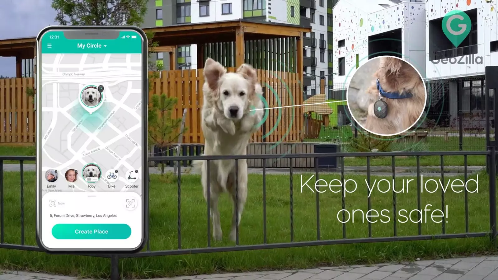 一只戴着 GPS 追踪器的狗跳过栅栏。