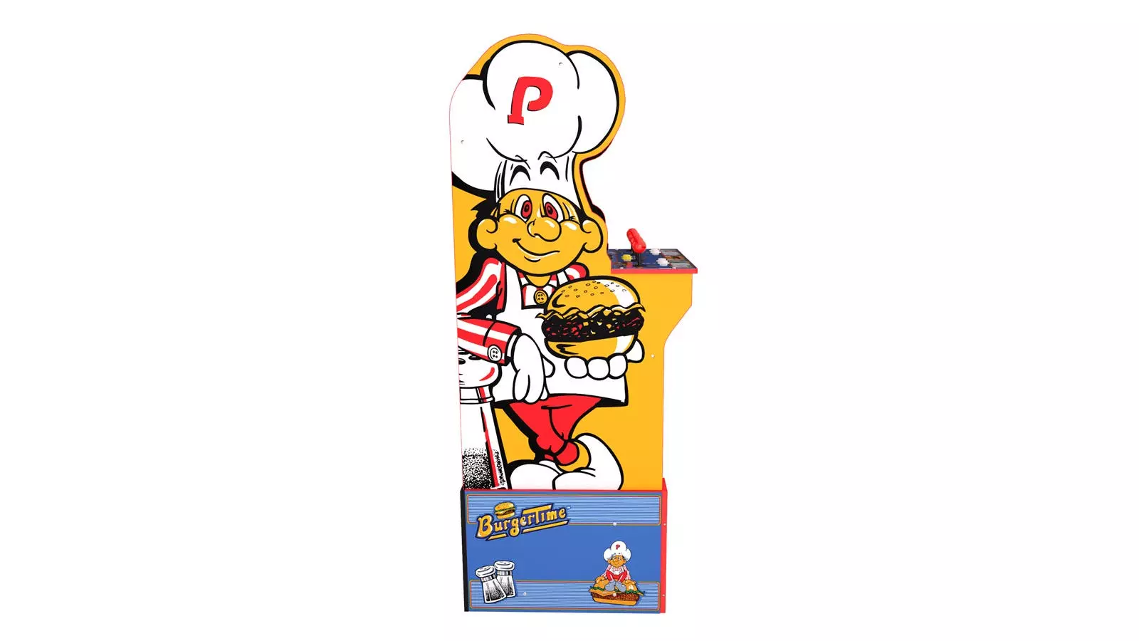 Bahagian tepi Mesin arked Burger Time, dengan chef memegang burger.
