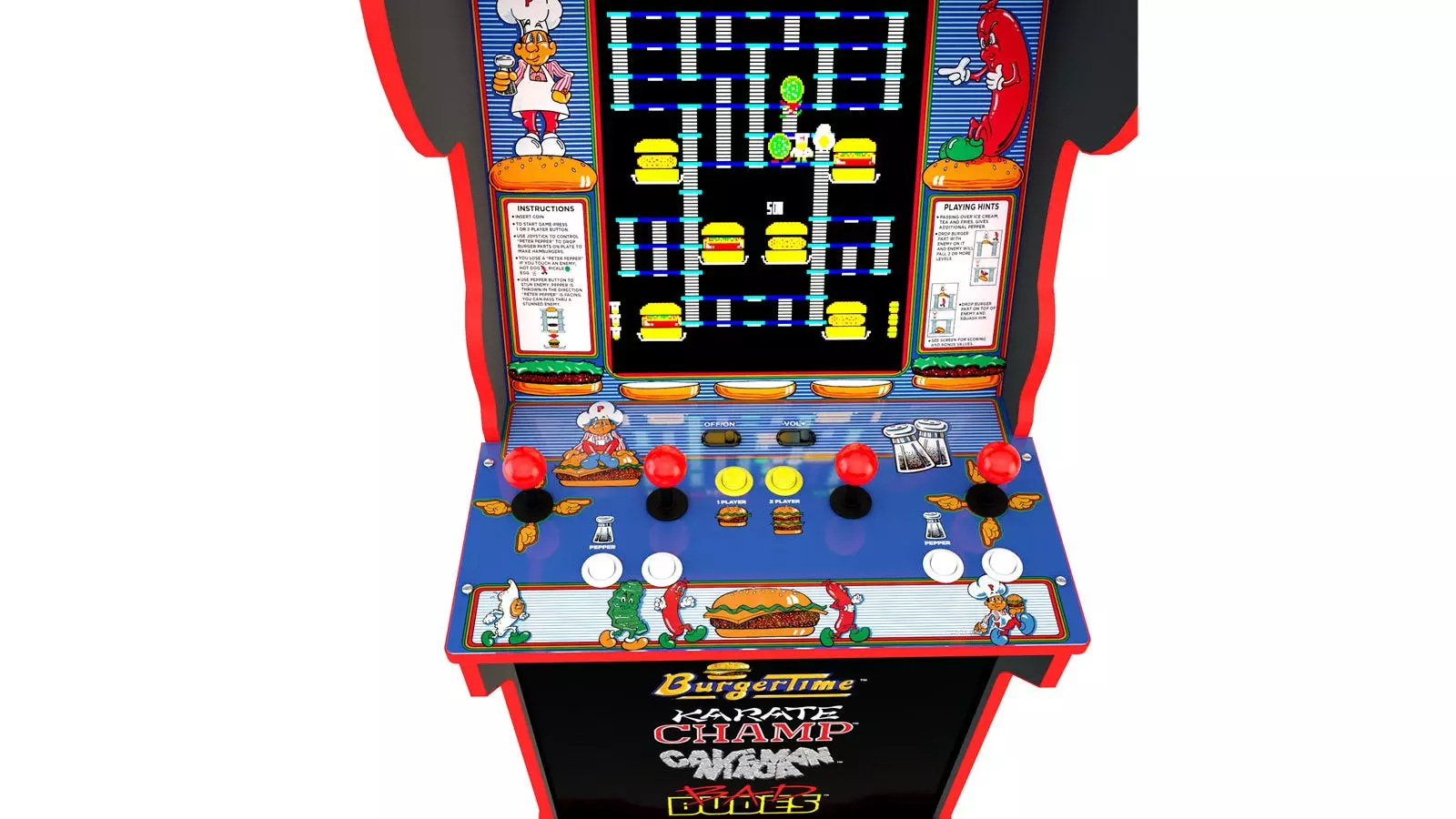 Një makinë arcade me katër levë me majë të kuqe, katër butona të bardhë dhe dy butona të verdhë.
