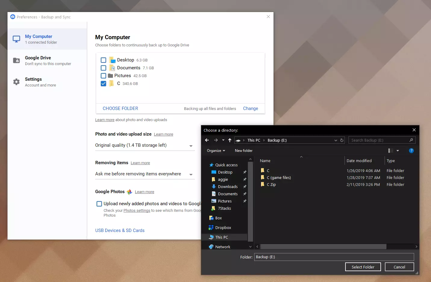 Una mirada a la interfaz de configuración de Windows de Google Drive.