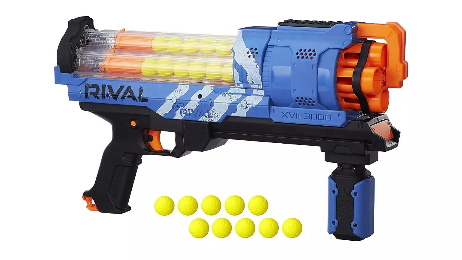 Het NERF Rival Artemis XVII-3000 speelgoedgeweer en nerfbal-munitie.