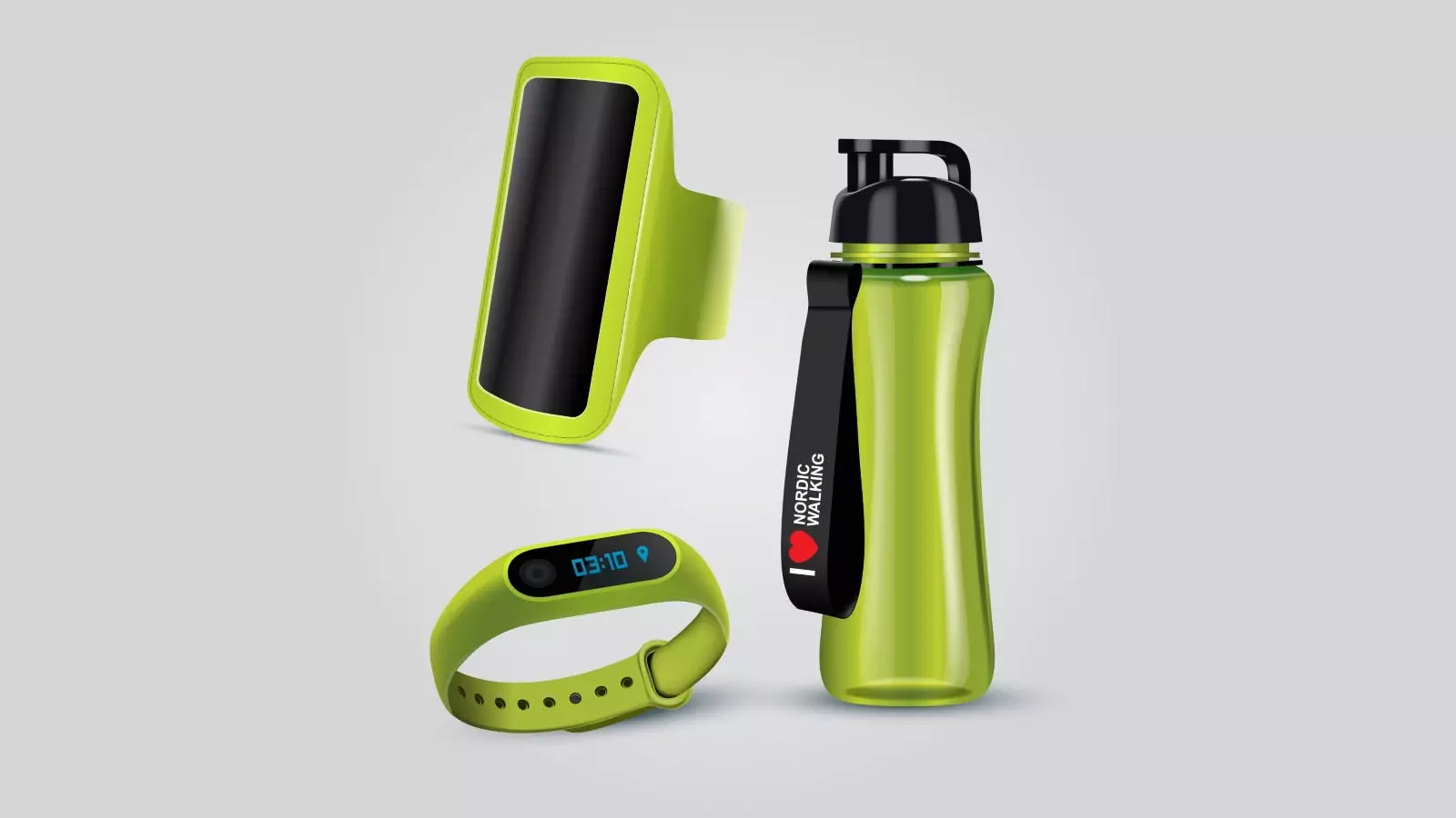 Smartphone a fitness hodinky ve sportovních držácích vedle láhve s vodou.