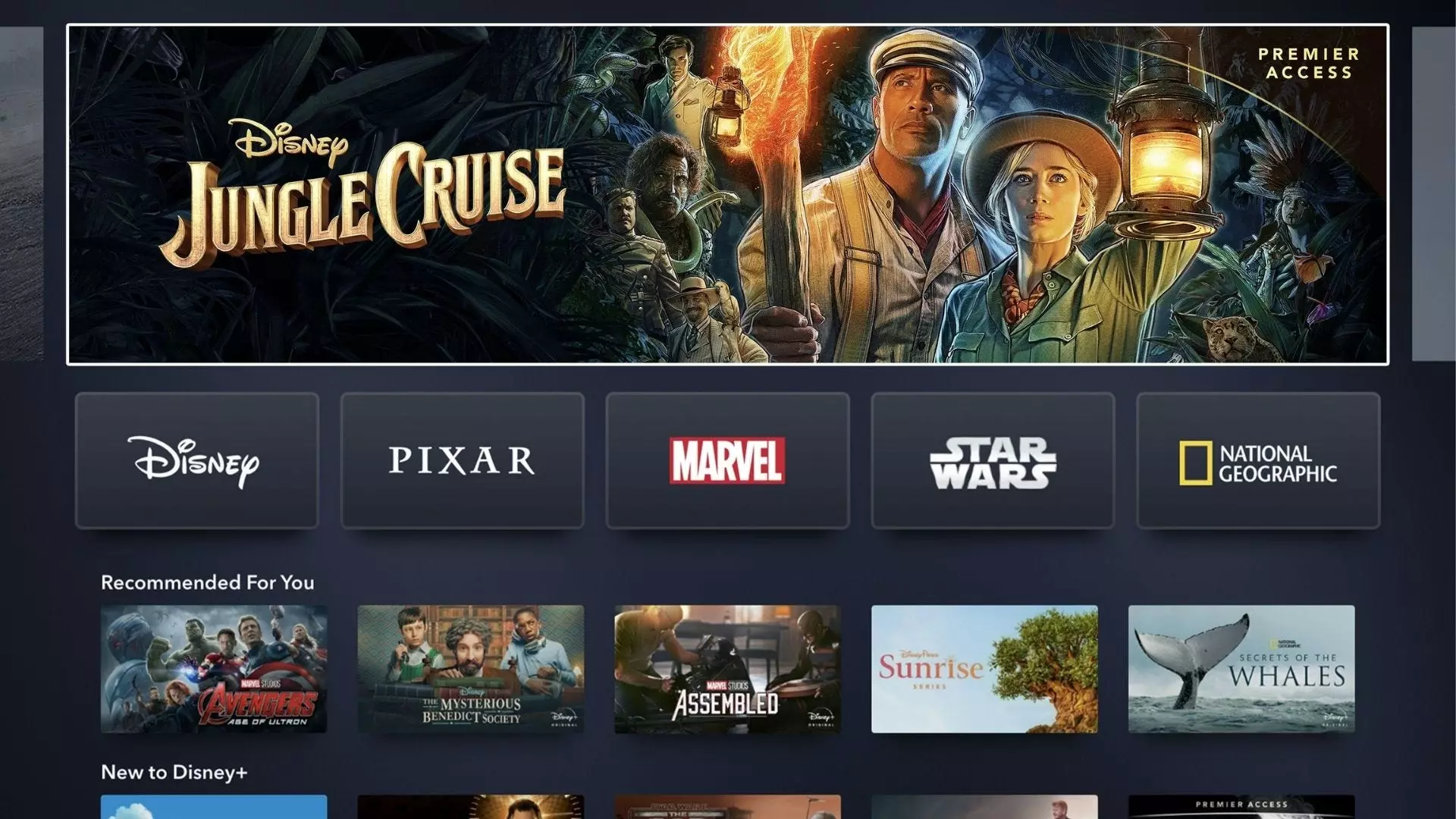 Disney plus sākuma ekrāns, augšpusē tiek rādīts filmas džungļu kruīzs