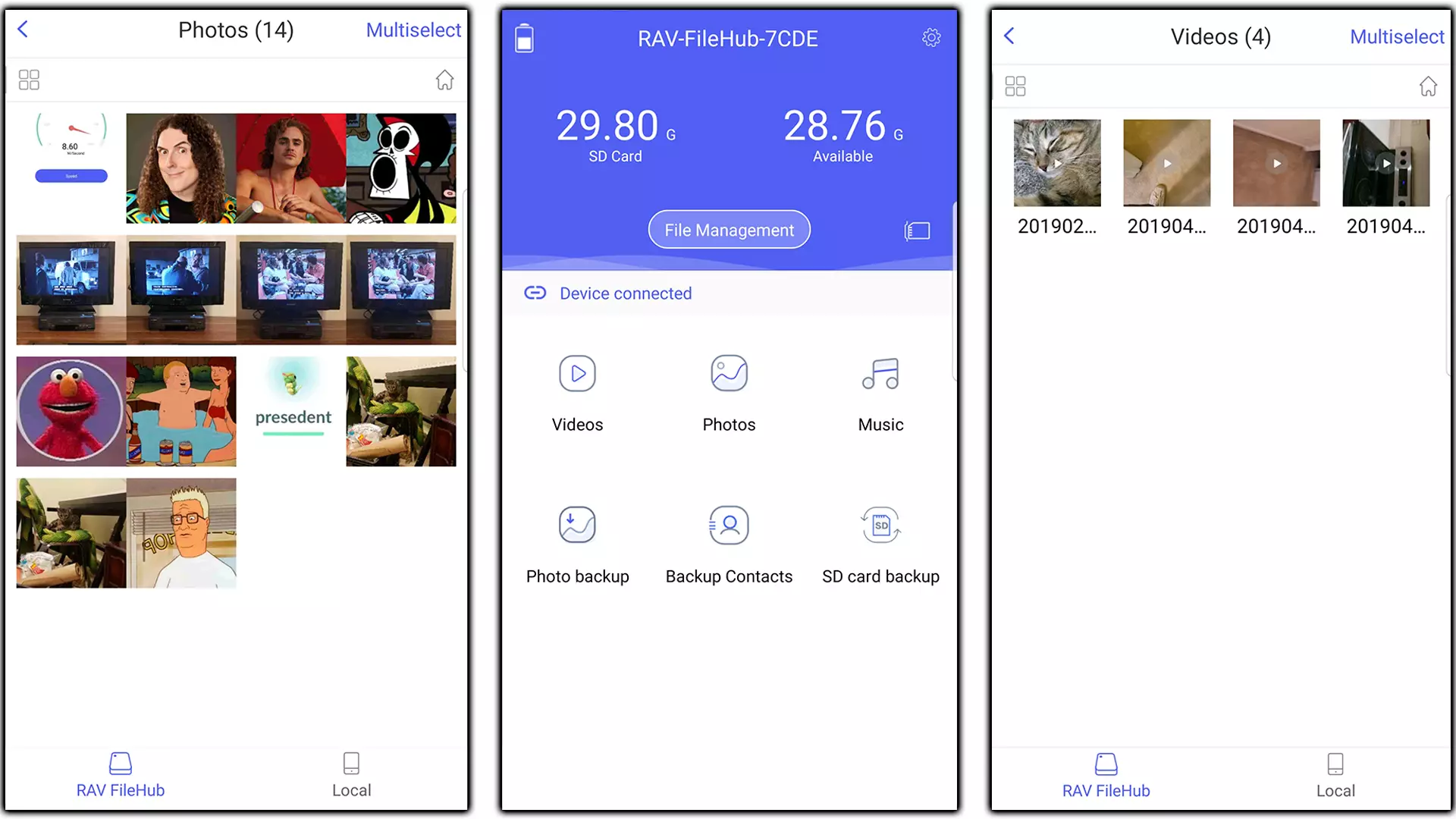 Ang mga seksyon sa Mga Litrato, Pagdumala sa File ug Mga Video sa RAV FileHub app sa usa ka telepono.
