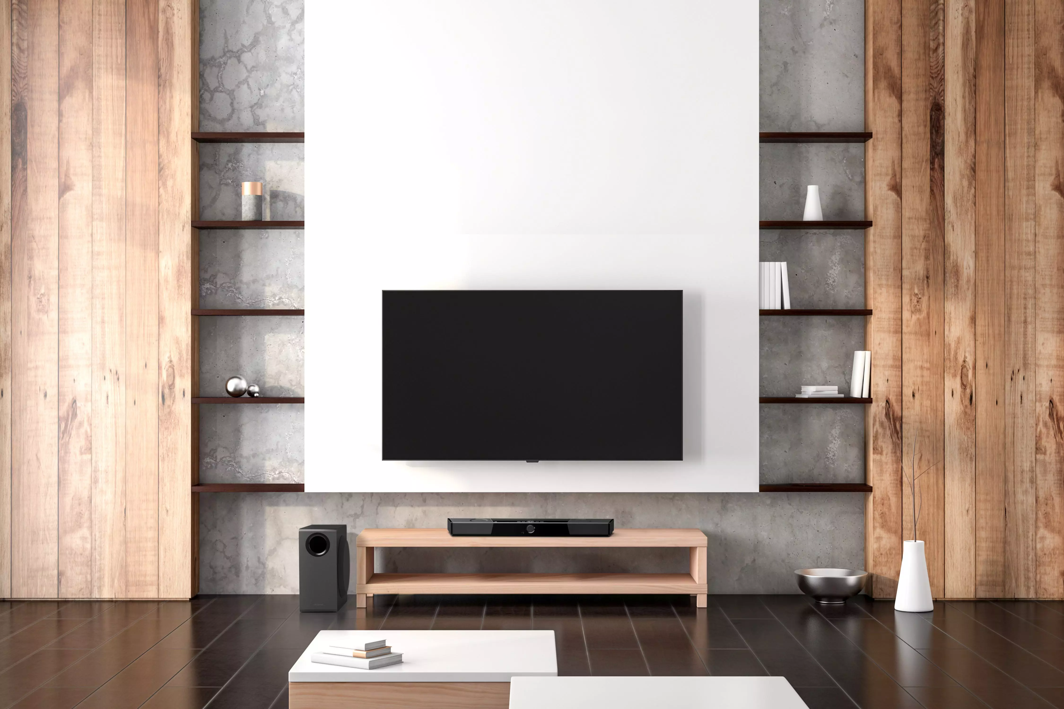 आधुनिक खोली सेटिंगमध्ये टीव्हीच्या खाली क्रिएटिव्ह सुपर एक्स-फाय कॅरियर साउंडबार