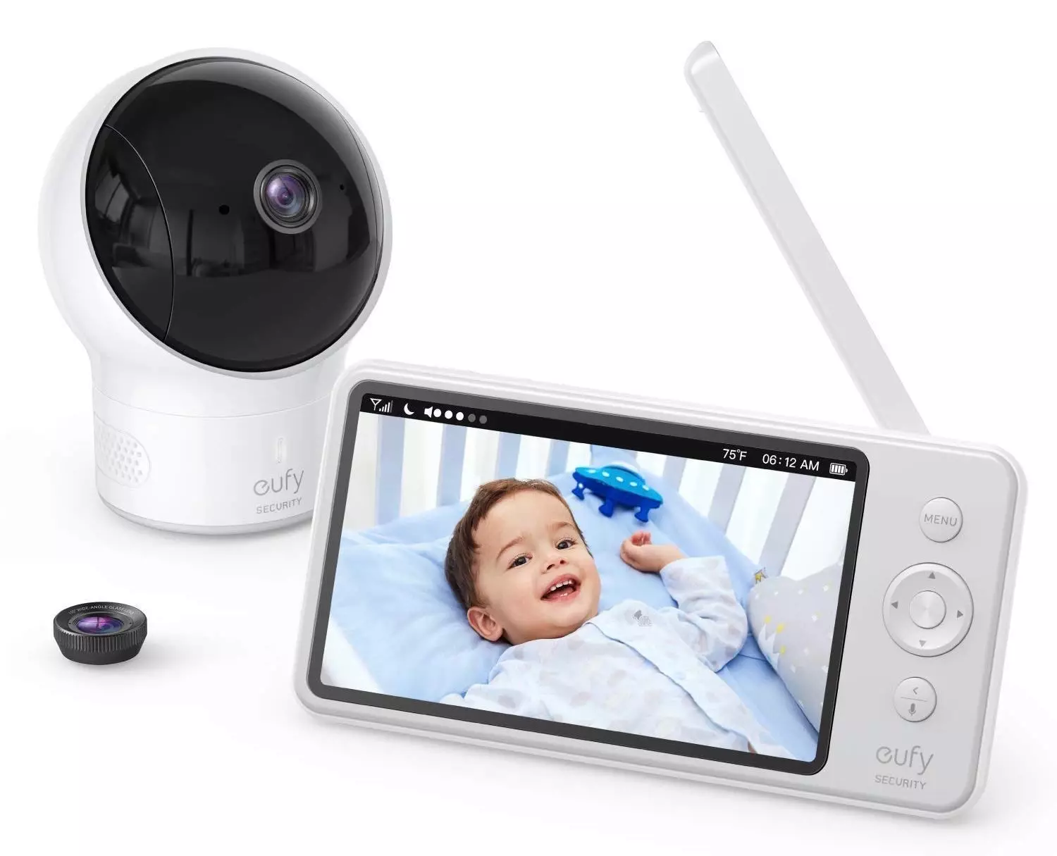 Monitori i bebeve Eufy SpaceView me një fëmijë që monitorohet në ekranin e videos.