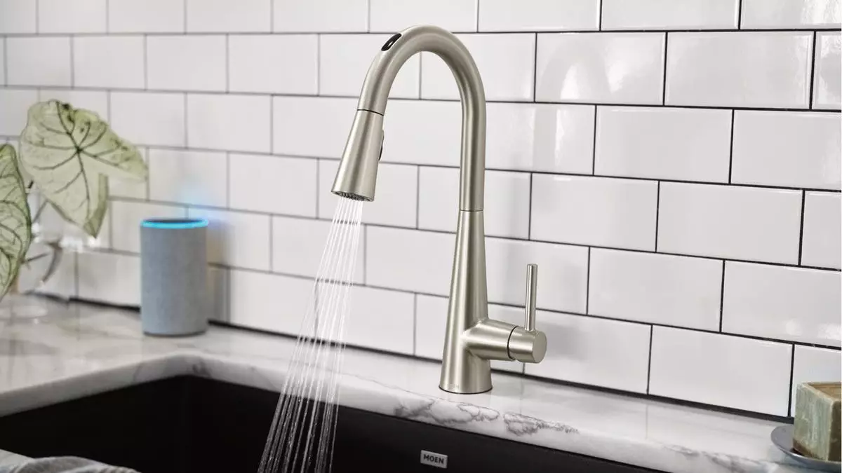 A U by Moen Smart Faucet 旁边是带有蓝光环的 Amazon Echo