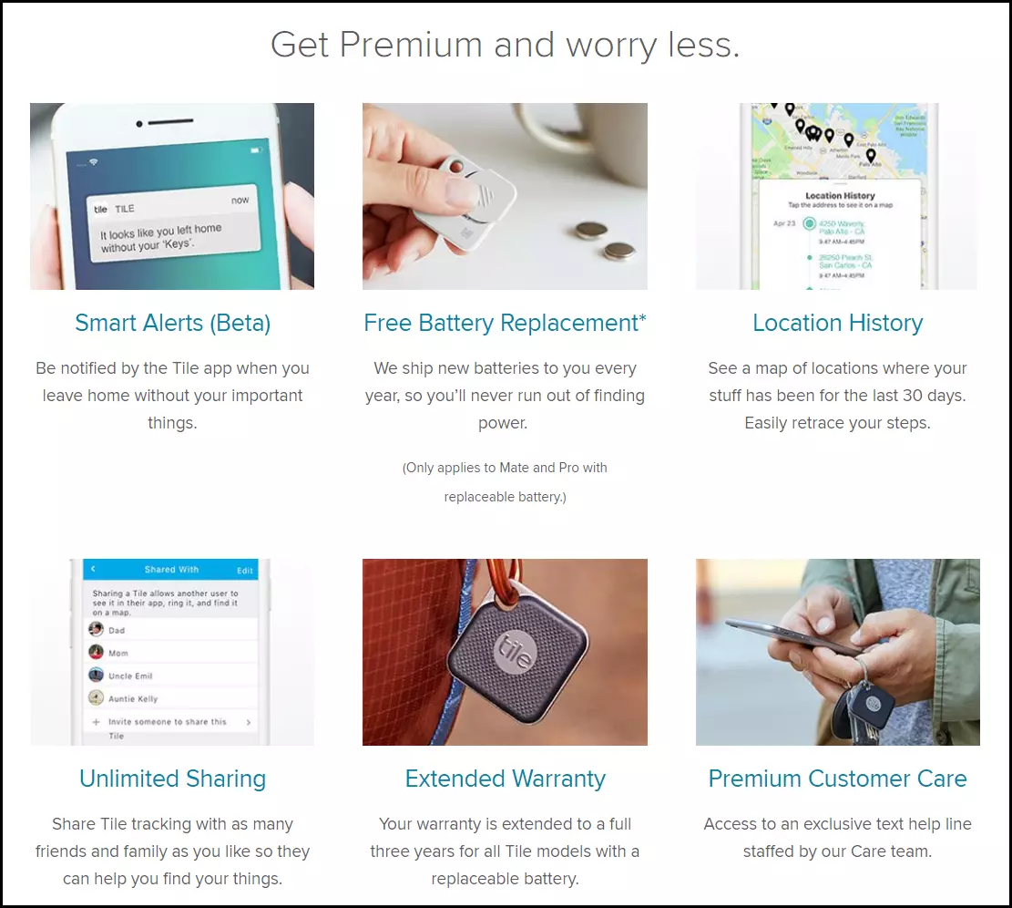 Tile Premium avantajlarını açıklayan bir web sayfası.