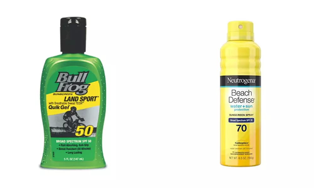 Bullfrog Land Sport Quik Gel Sunscreen en Neutrogena Beach Defense Sunscreen Spray.
