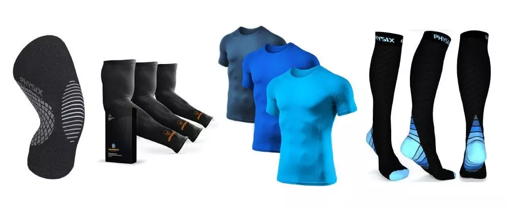 Physix Knee Brace, Armoray Arm Sleeve, Athlio Mens Compression Shirt, ndi Physix Gear Compression Socks.