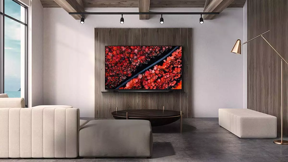 LGOLED 65-इंचाचा टीव्ही एका लिव्हिंग रूममध्ये भिंतीवर लावलेला आहे.