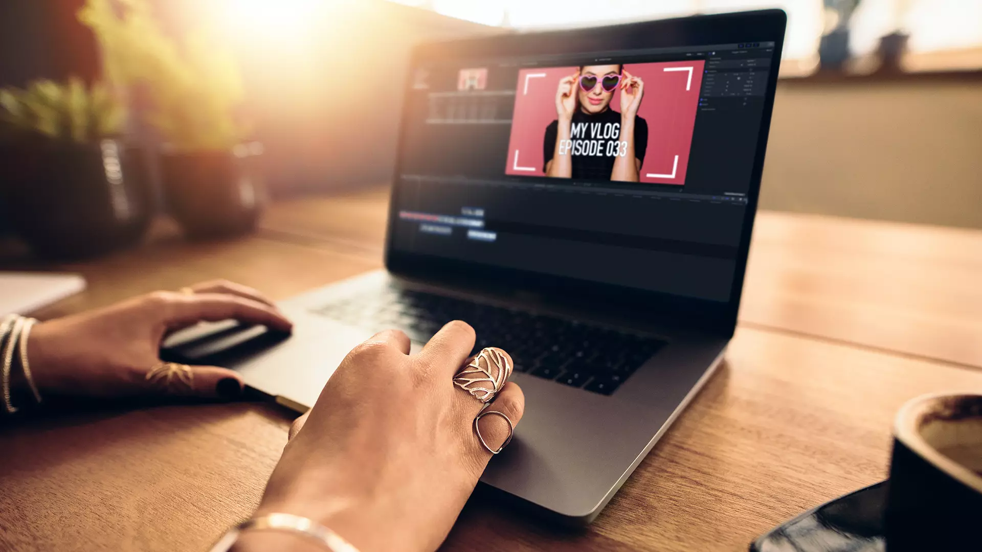 一位女士的双手在笔记本电脑上使用 Final Cut Pro 编辑她的视频博客。