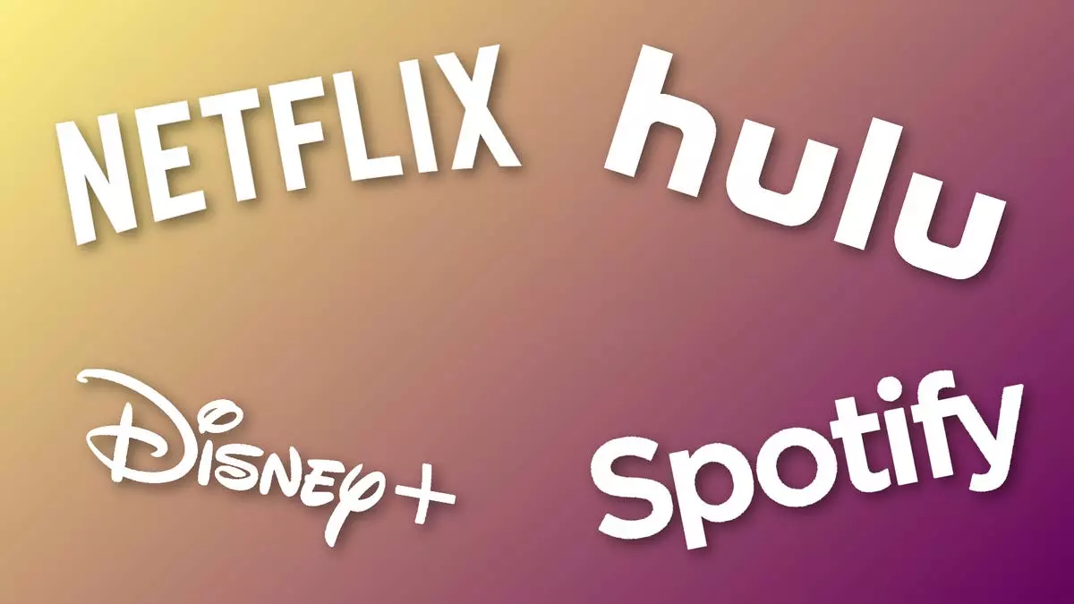 Netflix, Hulu, Disney+, thiab Spotify logos ntawm ntau xim backdrop