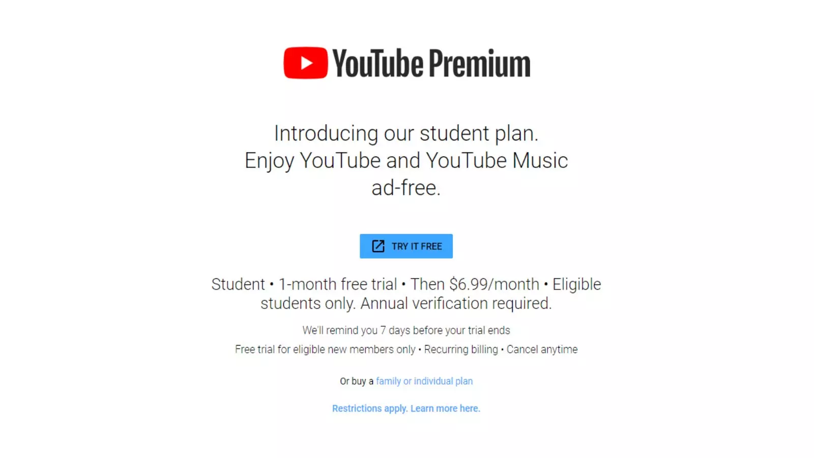 Pagina promoțională cu reduceri pentru studenți YouTube Premium
