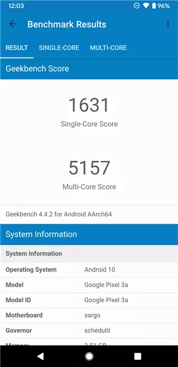 Google Pixel 3a Geekbench-score