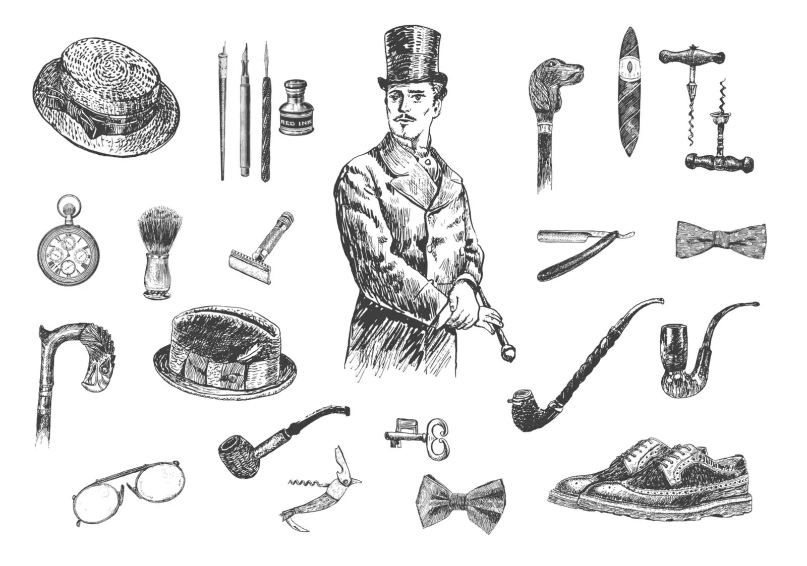 Victorian Era Collection, Gentleman'ın vintage aksesuarlarının doodle kolleksiyası. Əllə çəkilmiş kişi illüstrasiyalar dəsti. Cənablar smokinli və papaqlı. Vintage vektor oyma üslubu