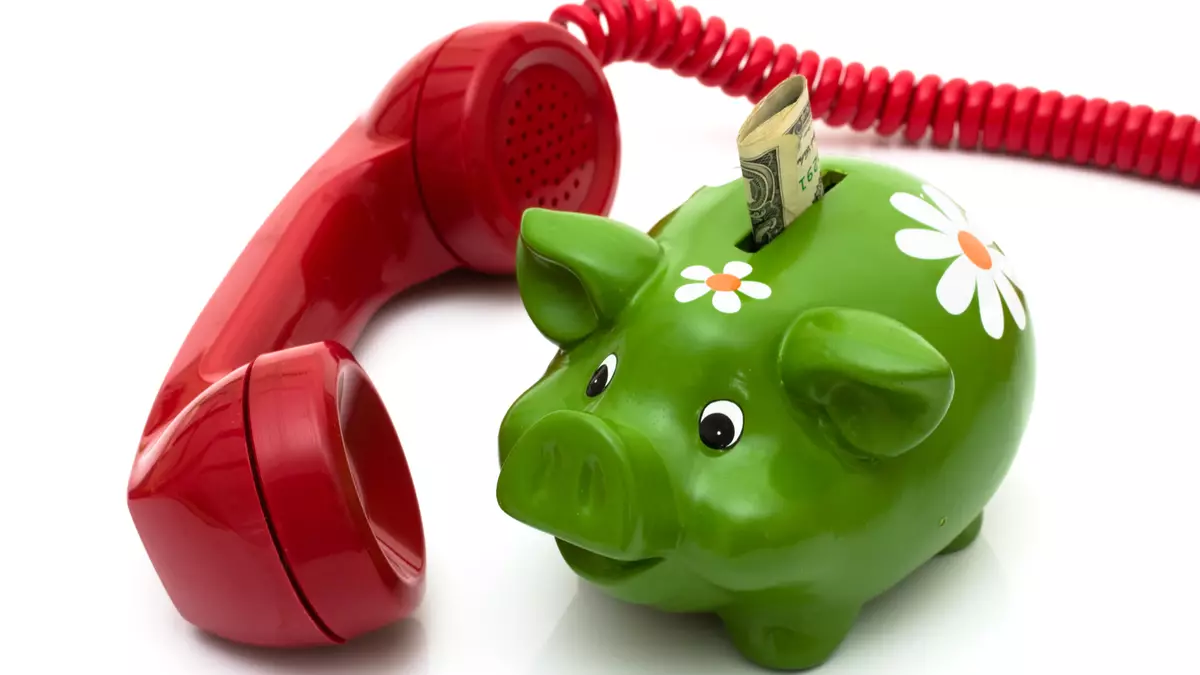 Ein roter schnurgebundener Telefonhörer neben einem grünen Sparschwein, aus dem etwas Bargeld herausragt.
