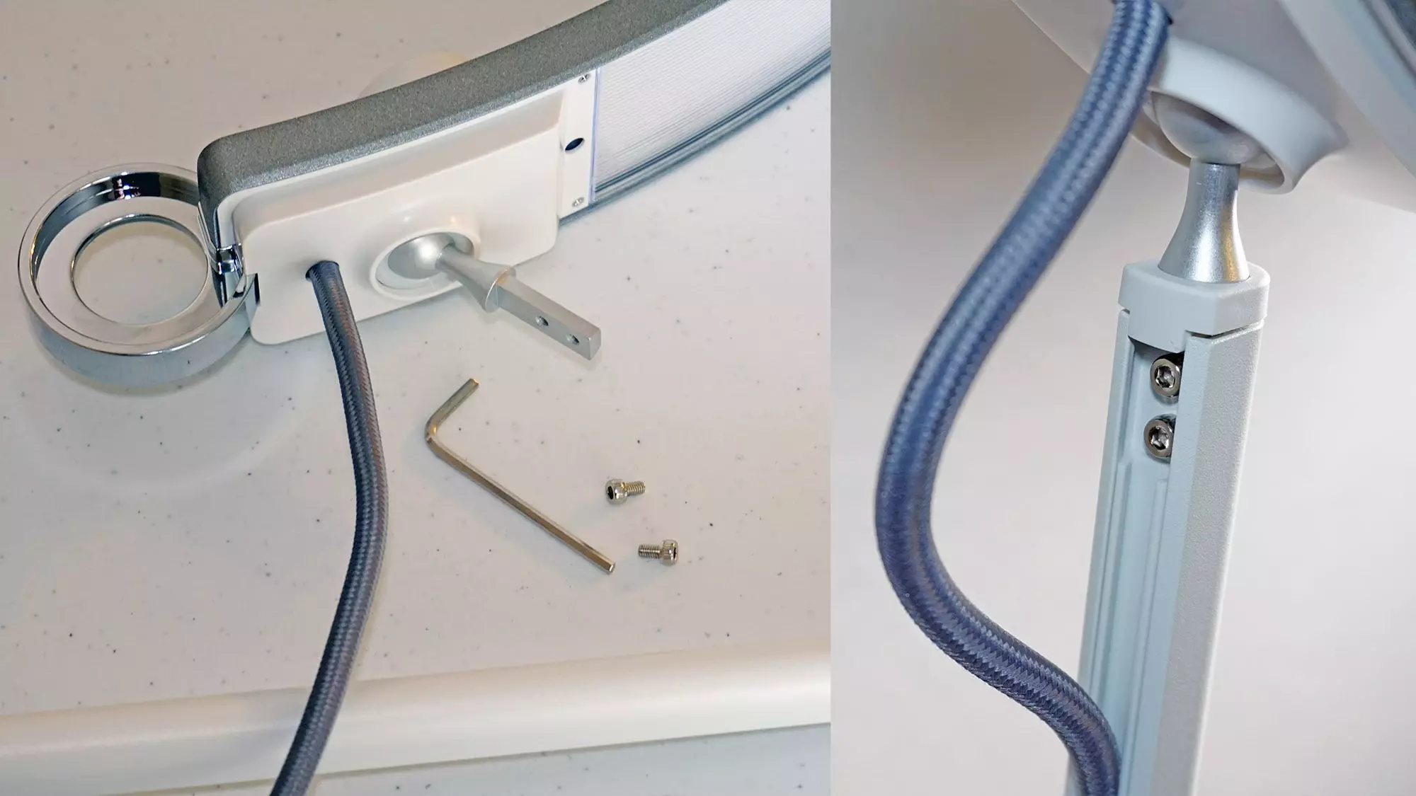 Inštalácia vyžaduje inštaláciu iba dvoch skrutiek. Všimnite si ten elegantný opletený napájací kábel.