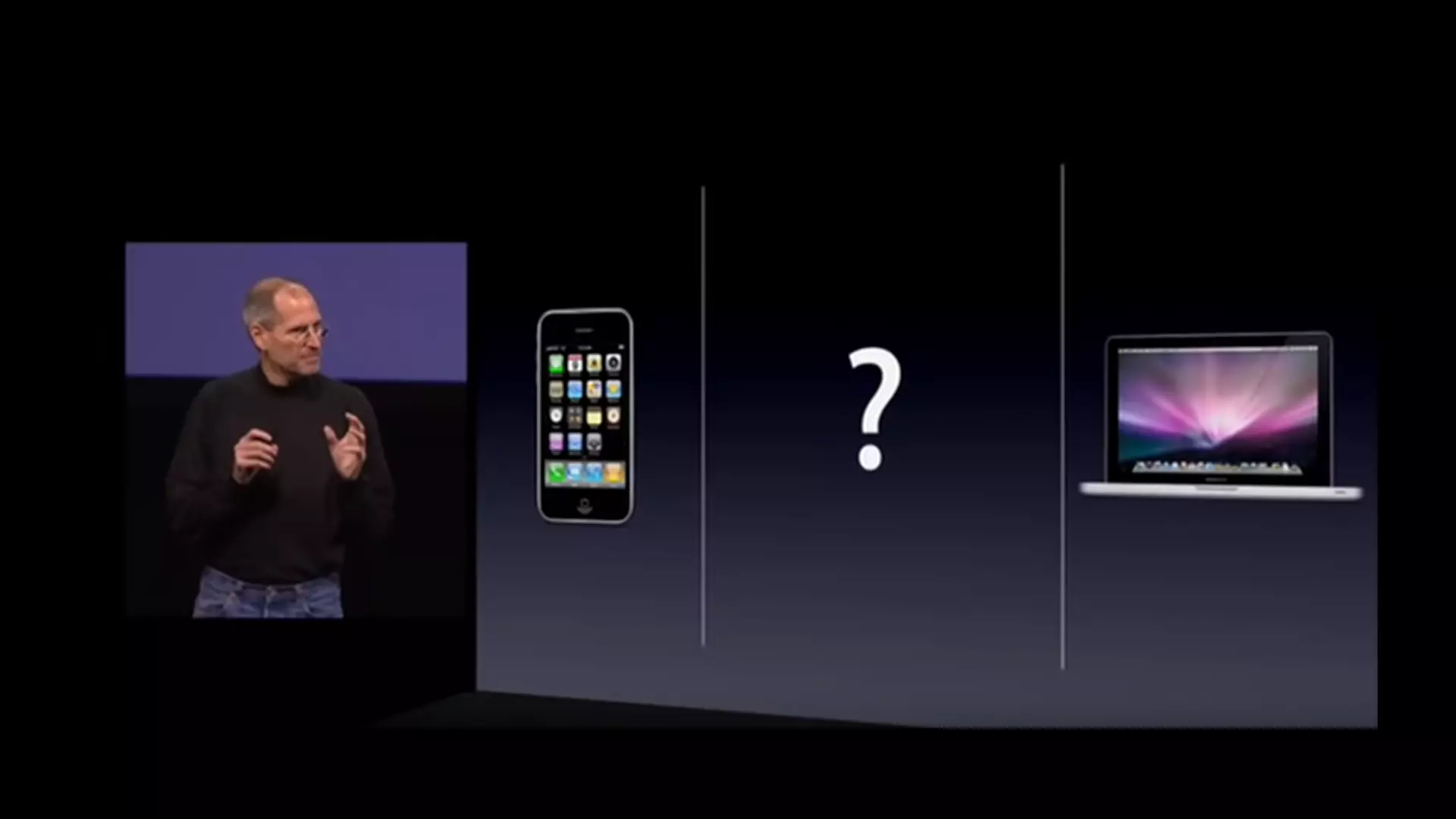yon imaj evènman lansman iPad 2010 la. Steve Jobs montre twa kategori, yon telefòn, yon tablèt, ak yon laptop.