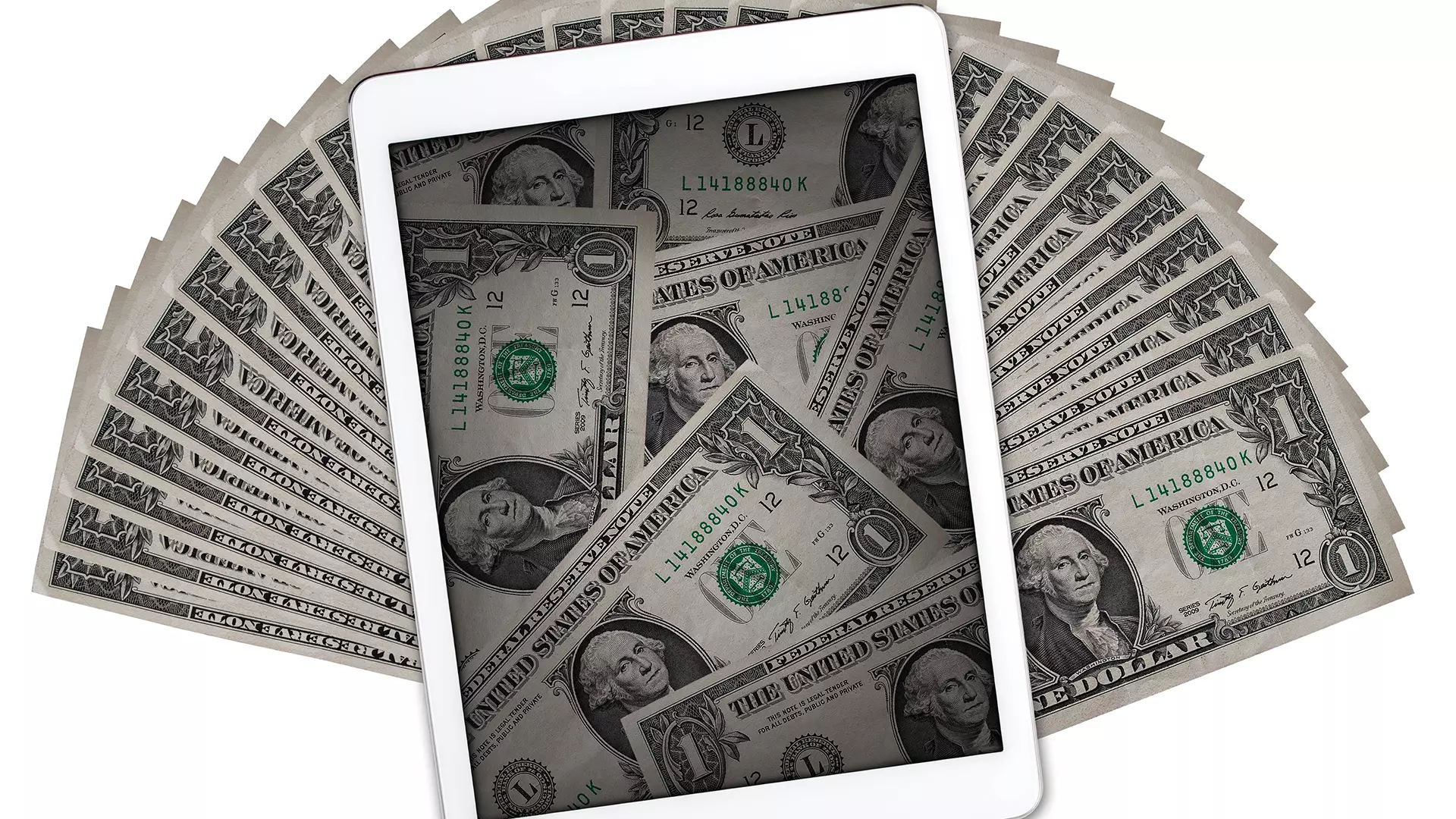 Un iPad rodeado de billetes de $1