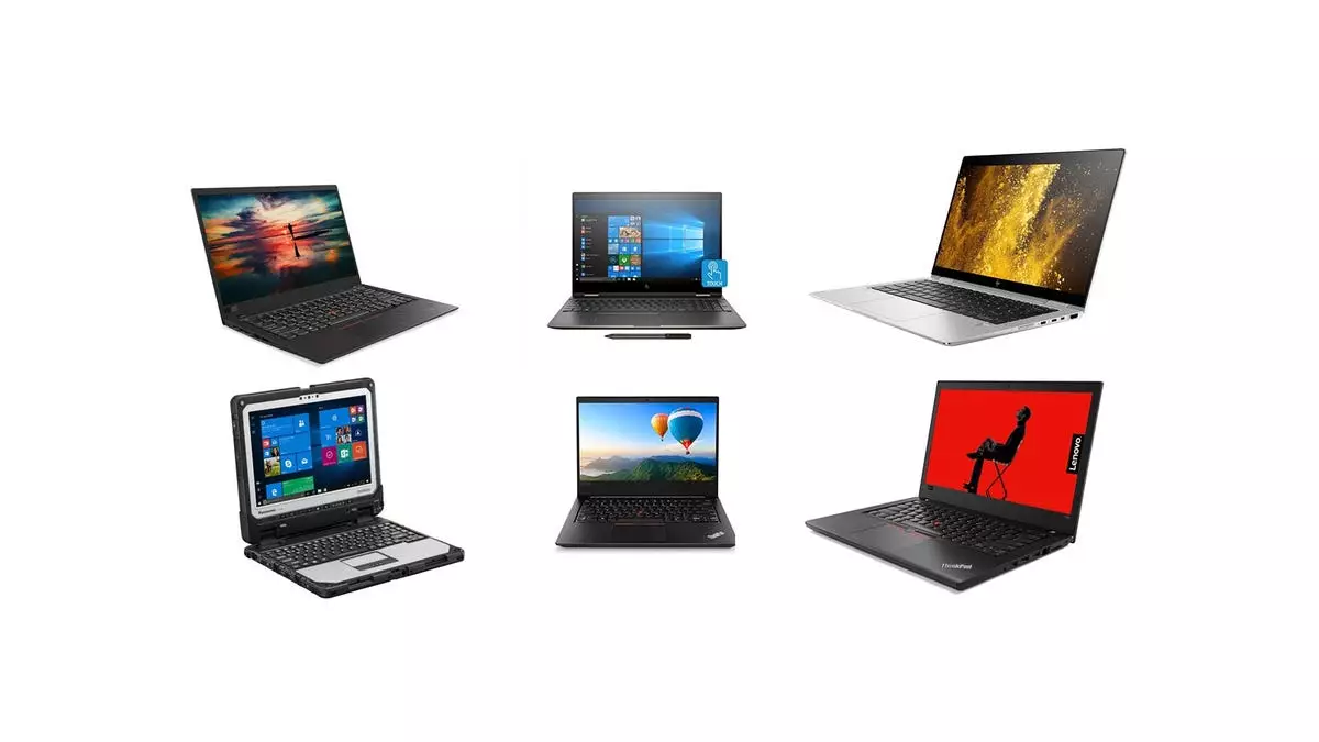 Lenovo ThinkPad X1 Carbon, HP EliteBook x360, HP EliteBook x360, Panosonic Toughbook CF-33, සහ Lenovo Thinkpad Edge E480 ලැප්ටොප් දෙකක්.