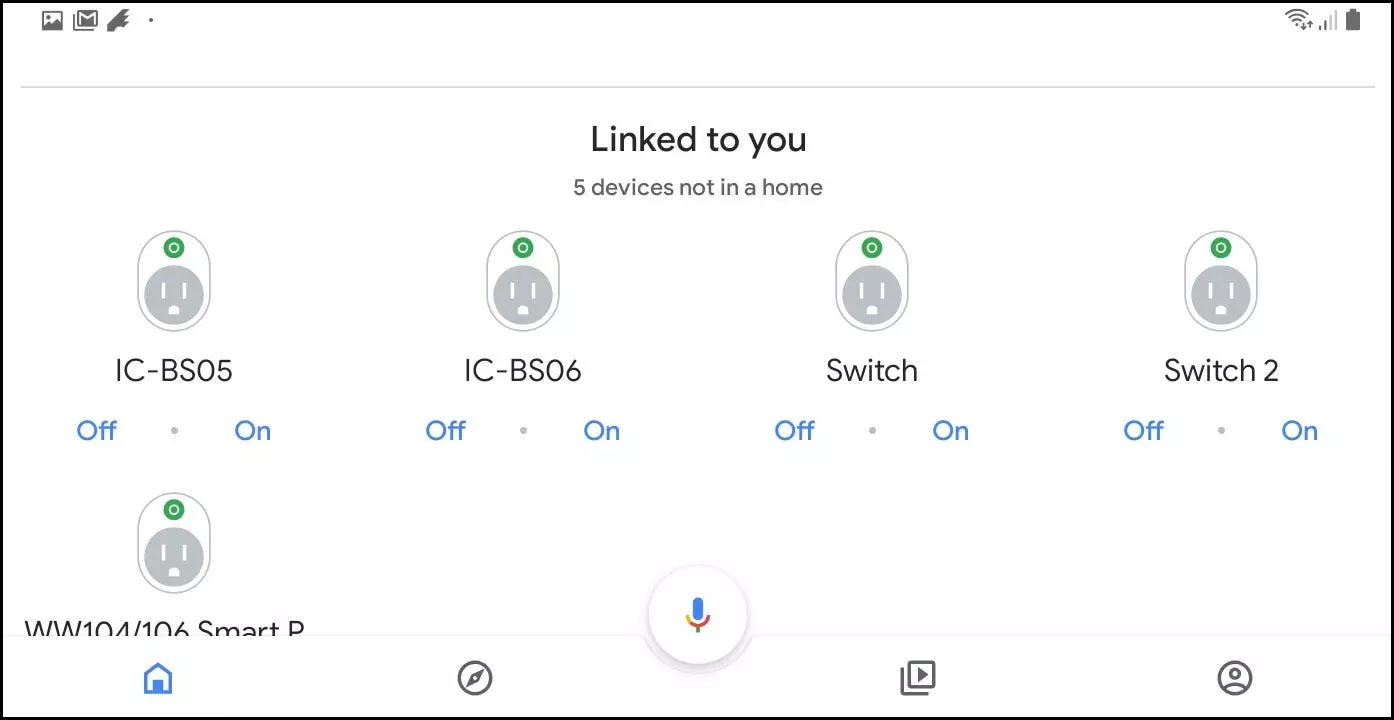 Η Αρχική οθόνη Google δείχνει τα βύσματα iClever και τις επιλογές On και Off.