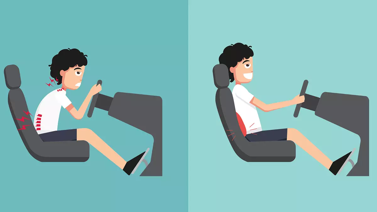 腰枕を装着したドライバーの快適さを示すイラスト。