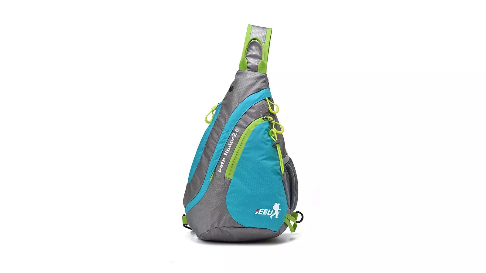 Le sac à bandoulière étanche ultraléger SEEU vu de dos, dans les couleurs bleu, gris et vert.