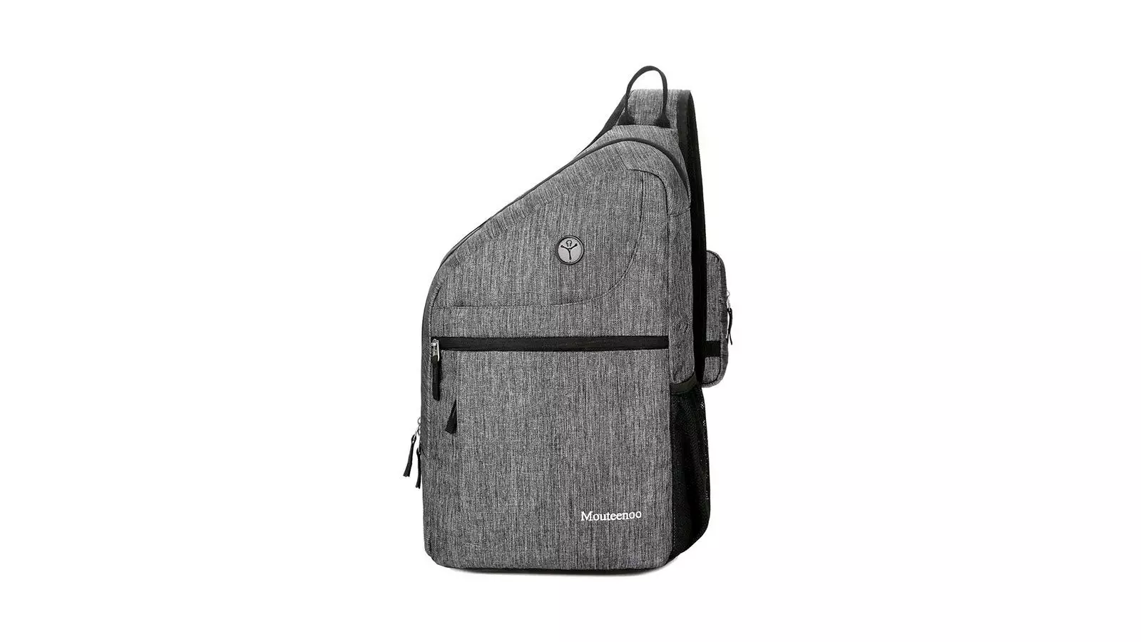 Isang gray na Mouteenoo sling pack, na nagpapakita ng top-carry handle.