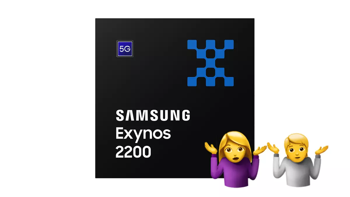 Iki sany gysylan emoji bilen Exynos 2200 çipi.
